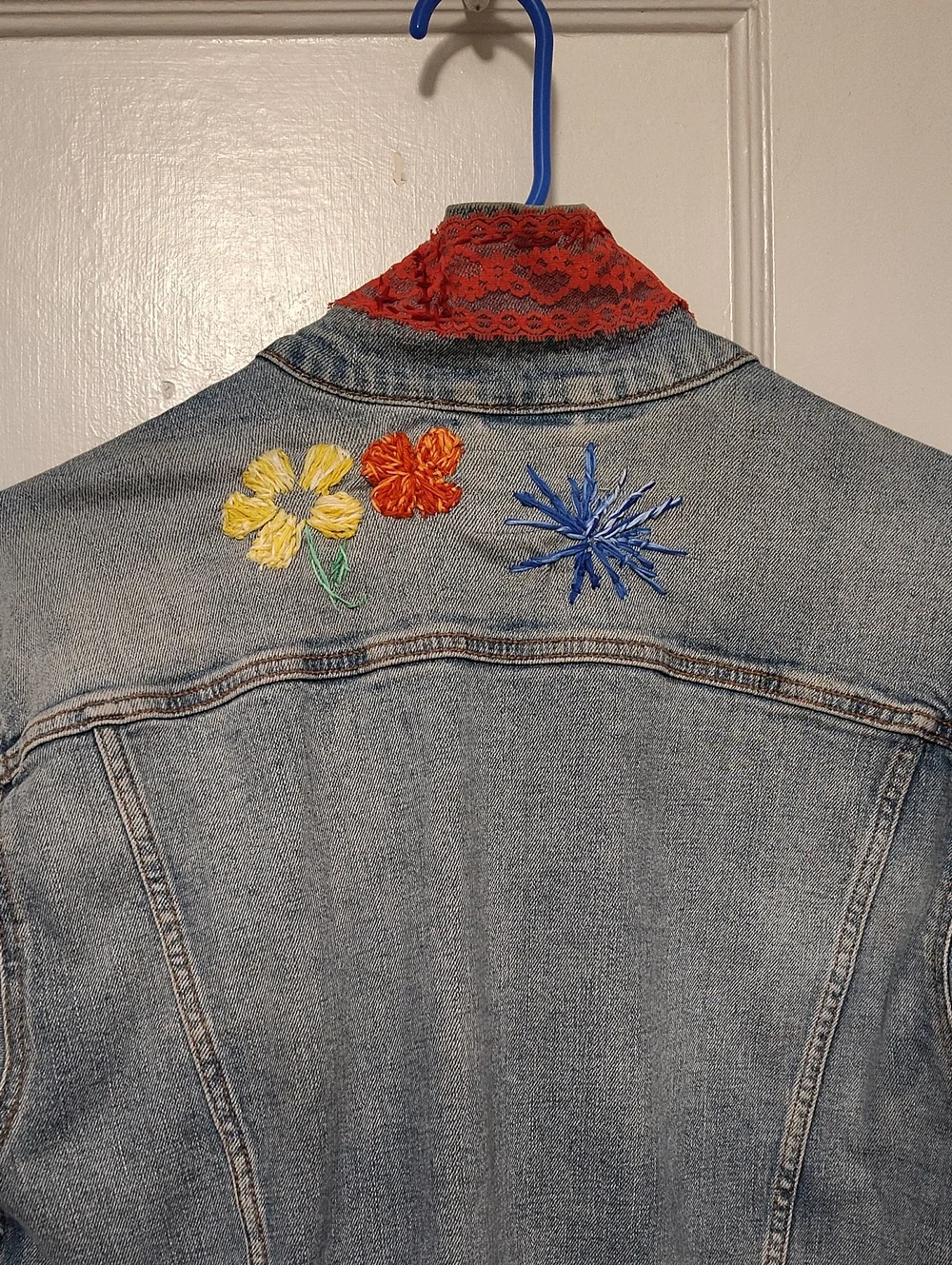 Old Navy | Jackets & Coats | Old Navy Denim Jacket With Red Lace Trim ...